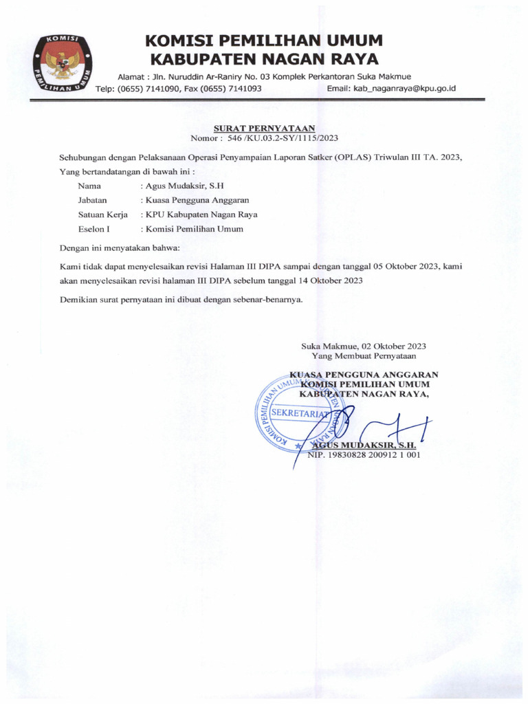 Surat Pernyataan Revisi Hal 3 DIPA KPU Nagan Raya | PDF Surat Pernyataan Revisi Hal 3 DIPA KPU Nagan Raya | PDF