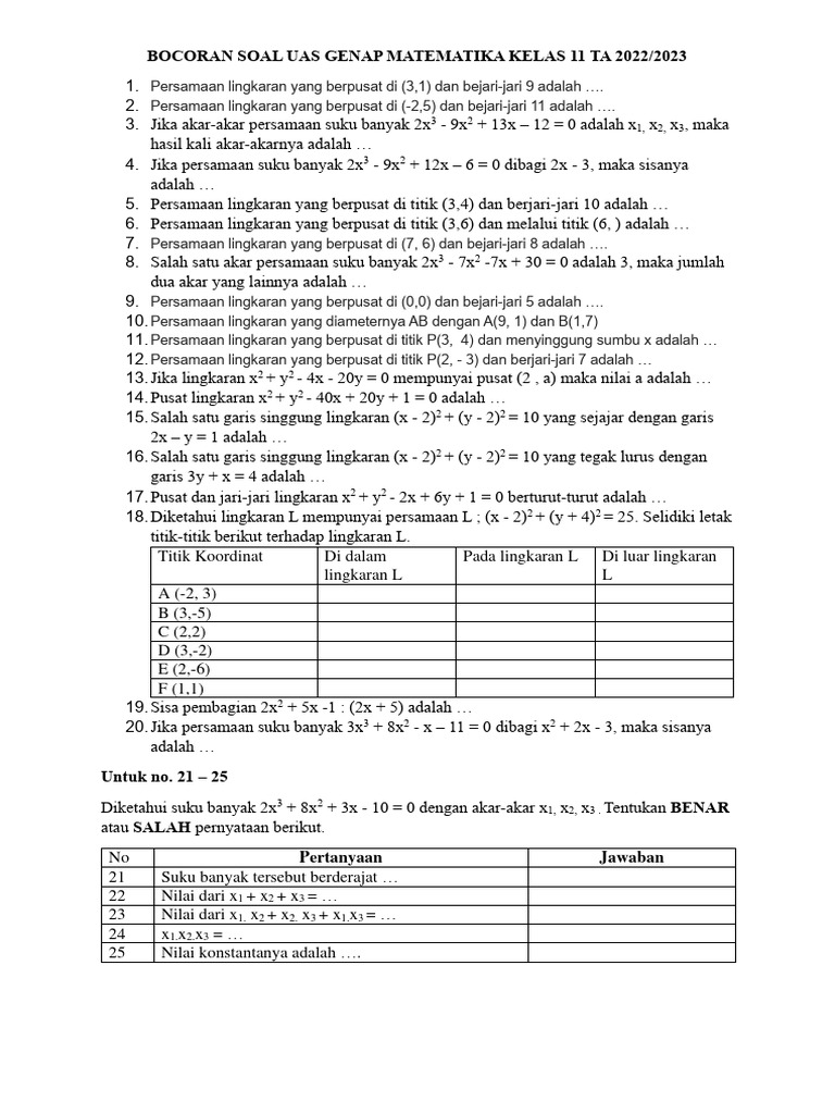 Bocoran Soal Uas Genap MTK Kelas 11 Ta 22-23 | PDF