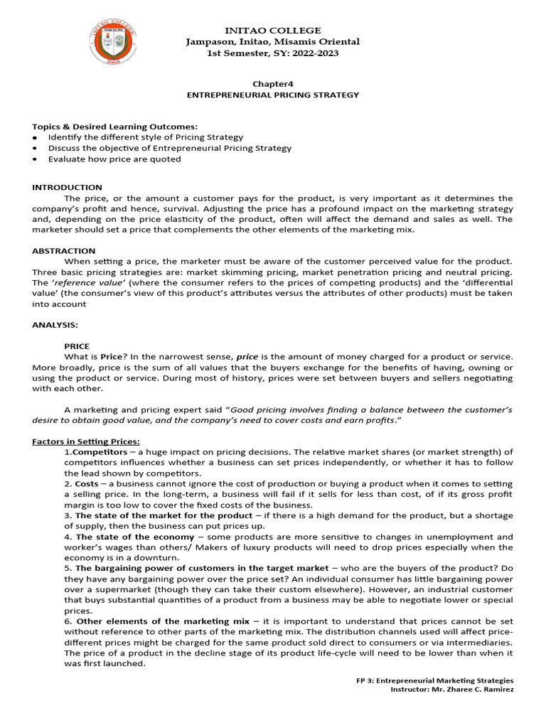 Entrepreneurial Pricing Strategies Explained | PDF | Career & Growth ...