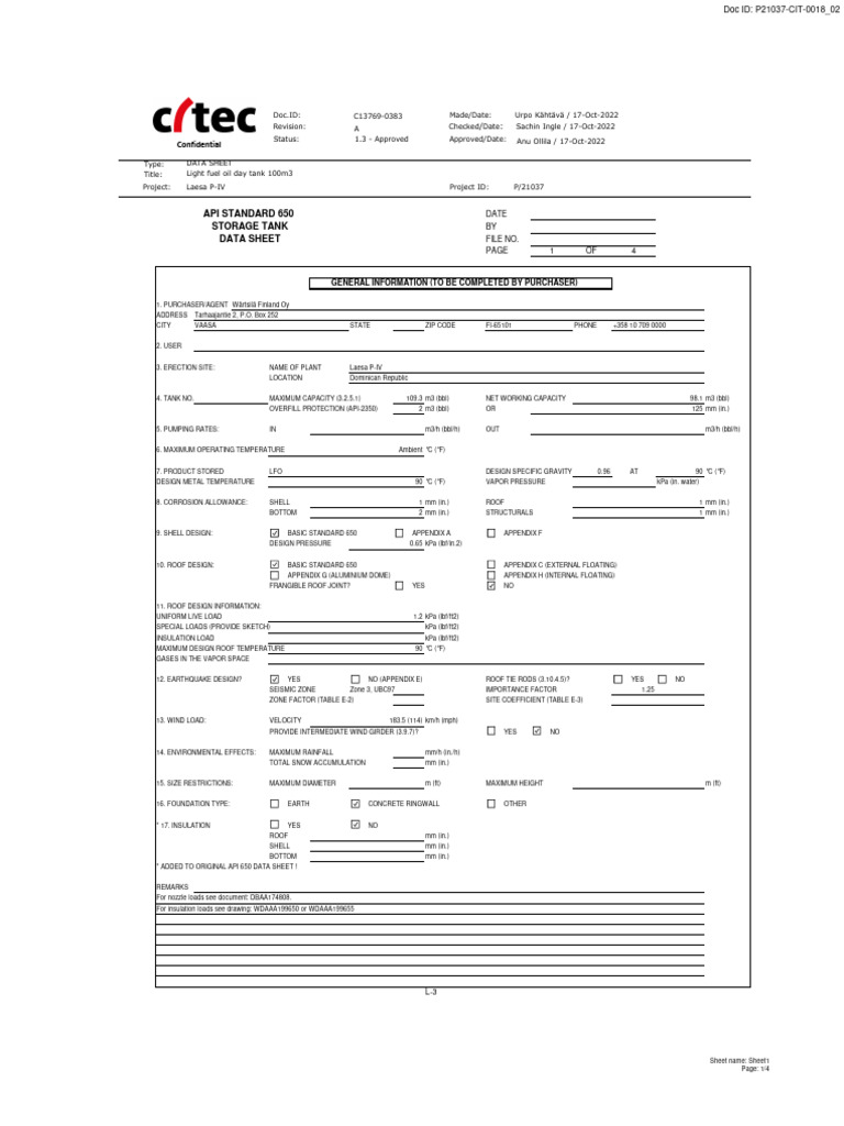 111 LFO Day Tank 100m3 C13769-0383 - A Data Sheet P21037-CIT-0018 - 02 ...