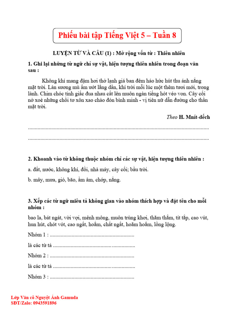 phiếu bài tập TV5 - tuần 8 | PDF