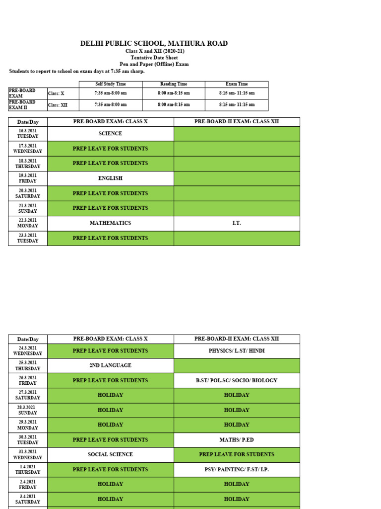 X and XII-Pre Board Date Sheet 2020-21 | PDF