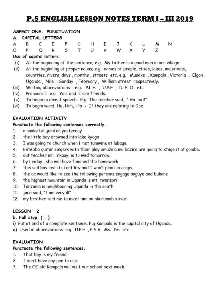 P.5 English Lesson Notes Term I III 2019 | PDF