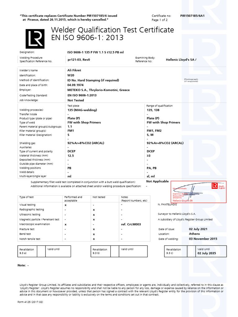 Welder Qualification Test Certificate EN ISO 9606-1: 2013: Certificate ...