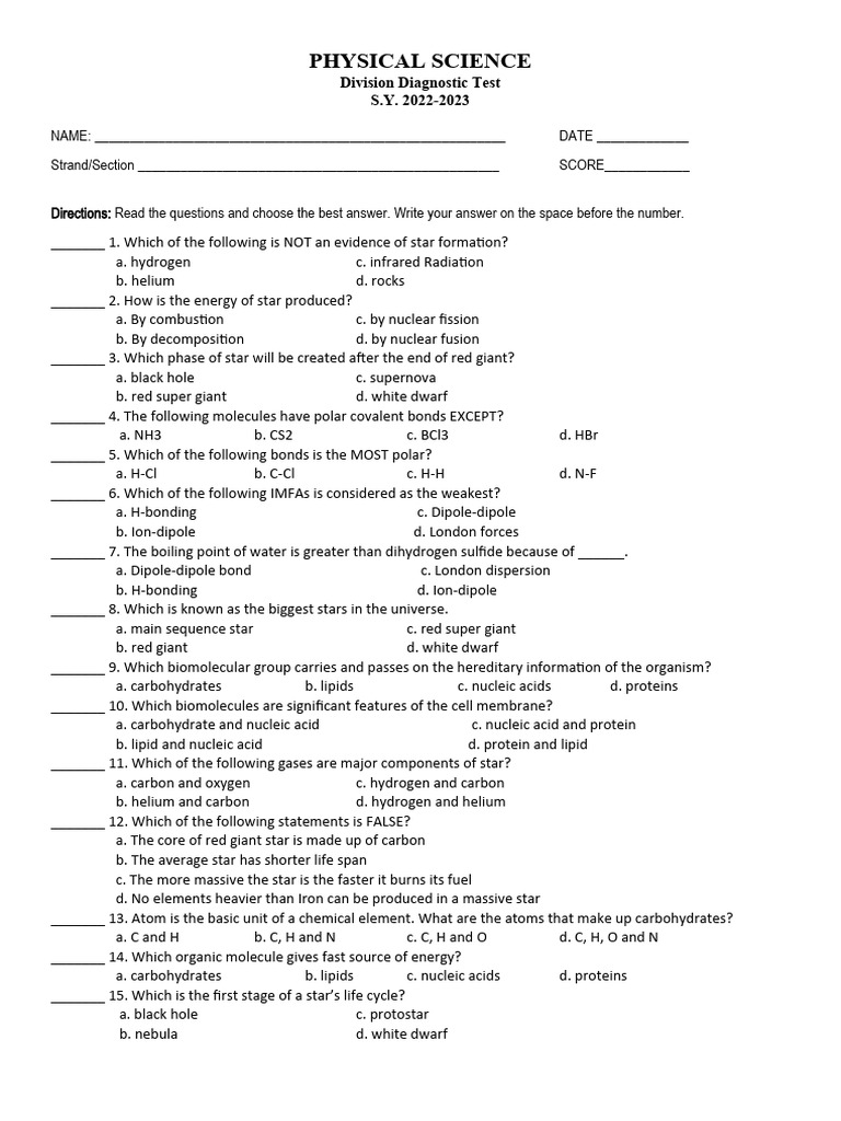 Physical Science Diagnostic Test | PDF | Chemical Polarity | Chemical Bond