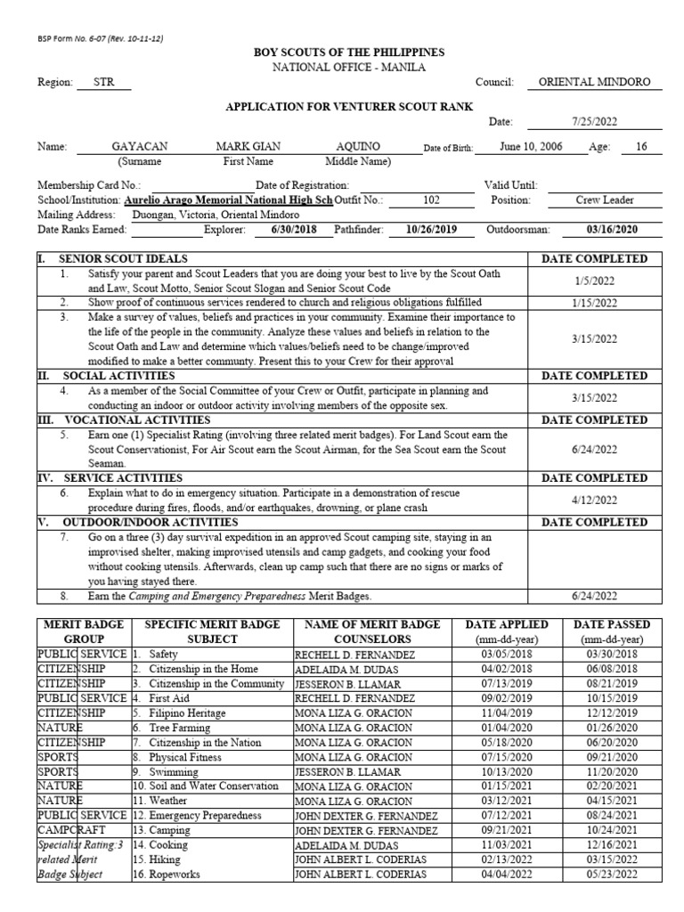 Gayacan2 Venturer Application Form | PDF | Scouting | Youth Movements