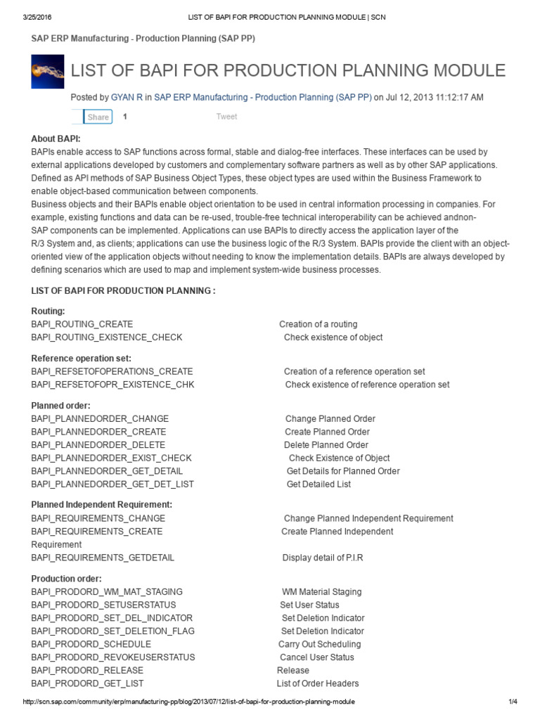 LIST OF BAPI FOR PRODUCTION PLANNING MODULE _ SCN | PDF | Computer Engineering | Computing