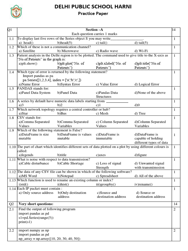 Class 12 Practice Paper 1 | PDF | Telecommunications | Computer Science