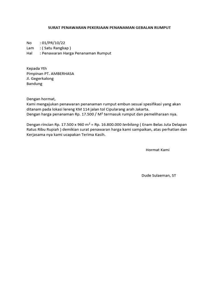 Surat Penawaran Pekerjaan Penanaman Gebalan Rumput | PDF