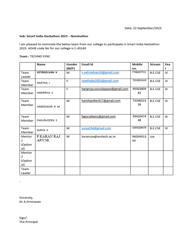 Team Nomination (1) CSE Final | PDF