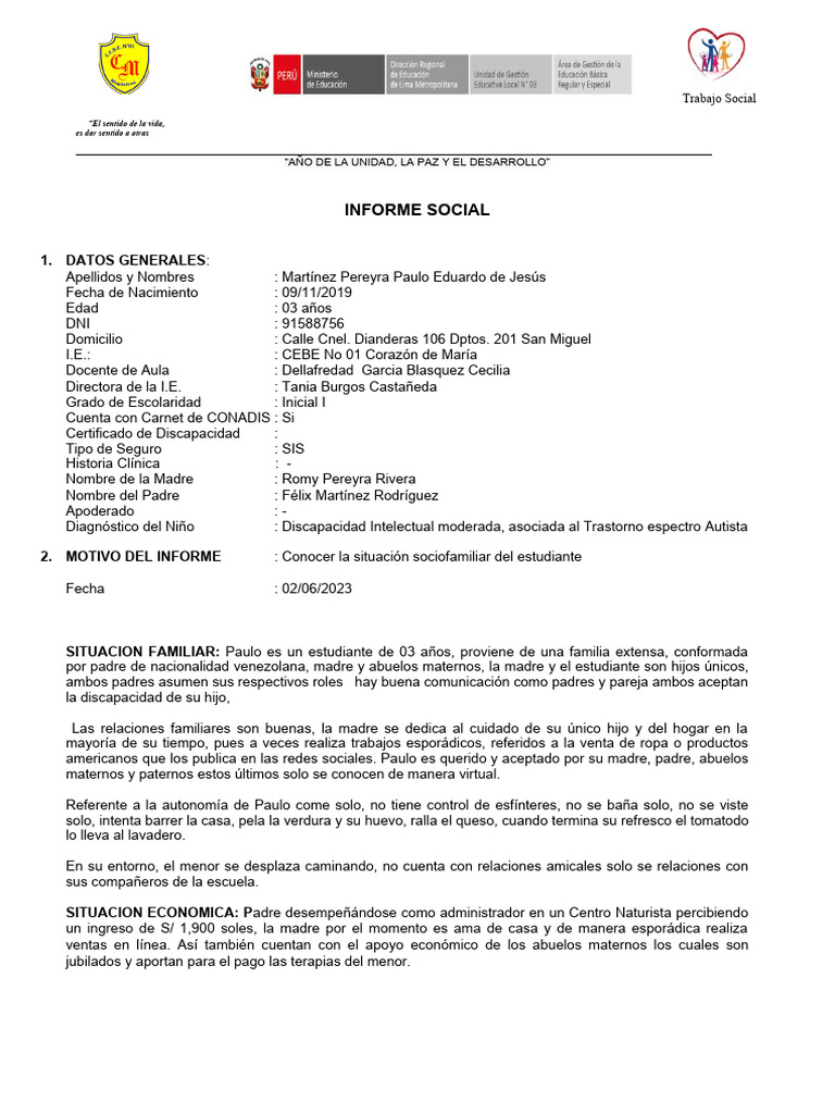 INFORME - SOCIAL Martinez Pereyra Paulo Eduardo de Jesus Inicial I CEBE - CM2023 | PDF