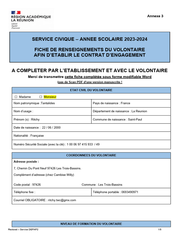 Fiche de Renseignements Volontaire 2023-2024 | PDF