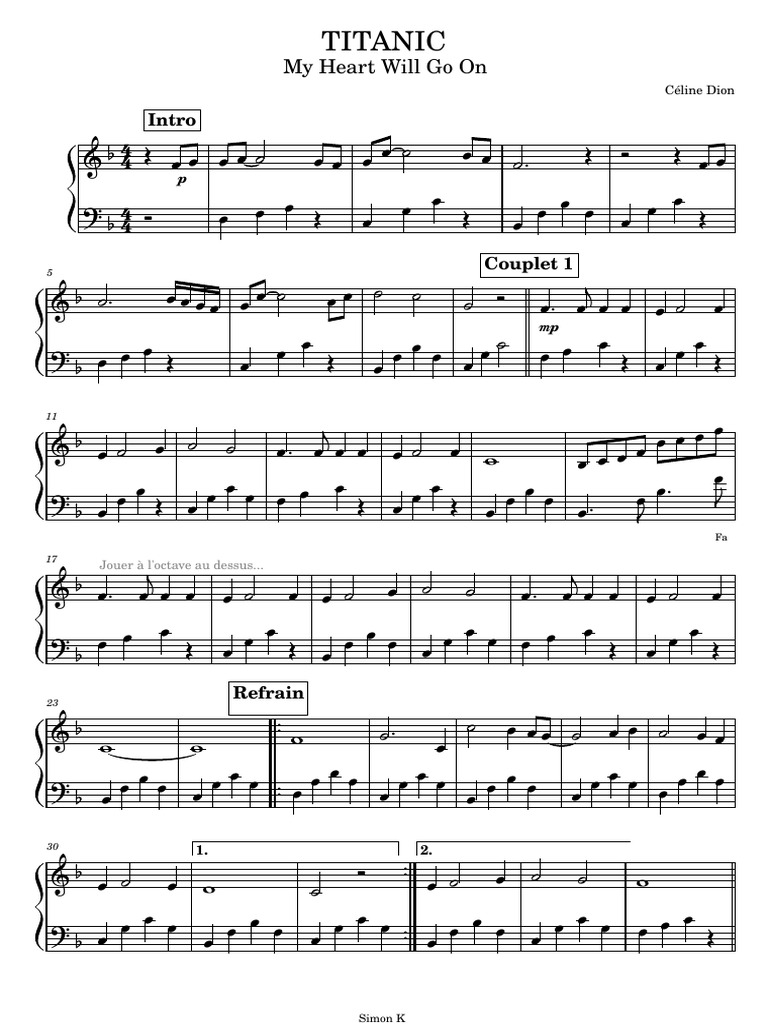 Easy Partition Piano Titanic My Heart Will Go On | PDF
