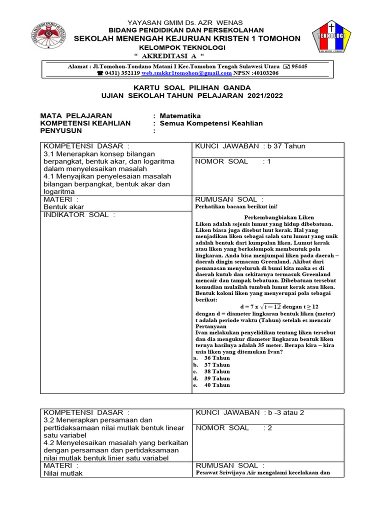 LATIHAN SOAL MATEM 2022 | PDF