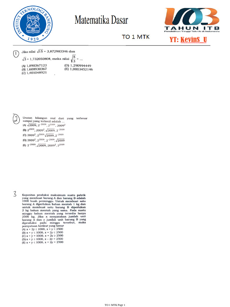 Soal To 1 MTK SM Itb | PDF | Science & Mathematics