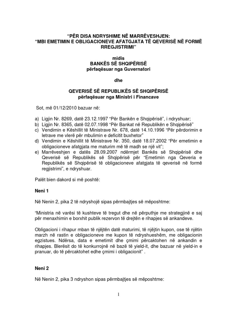 Ndryshim Ne Marreveshjen Mbi Emetimin e Obligacioneve Afatgjata Te ...