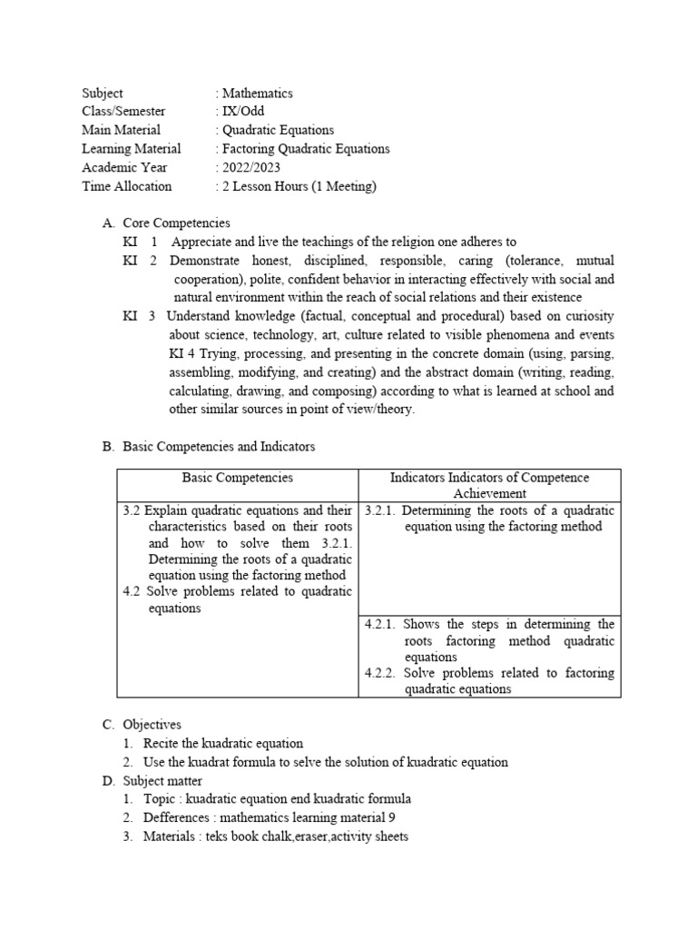 LESSON PLAN KUADRATIC EKSPRESSION | PDF | Quadratic Equation | Equations
