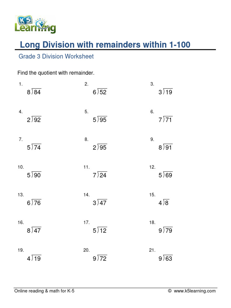 Grade 3 Long Division With Remainder Within 1 100 C | PDF