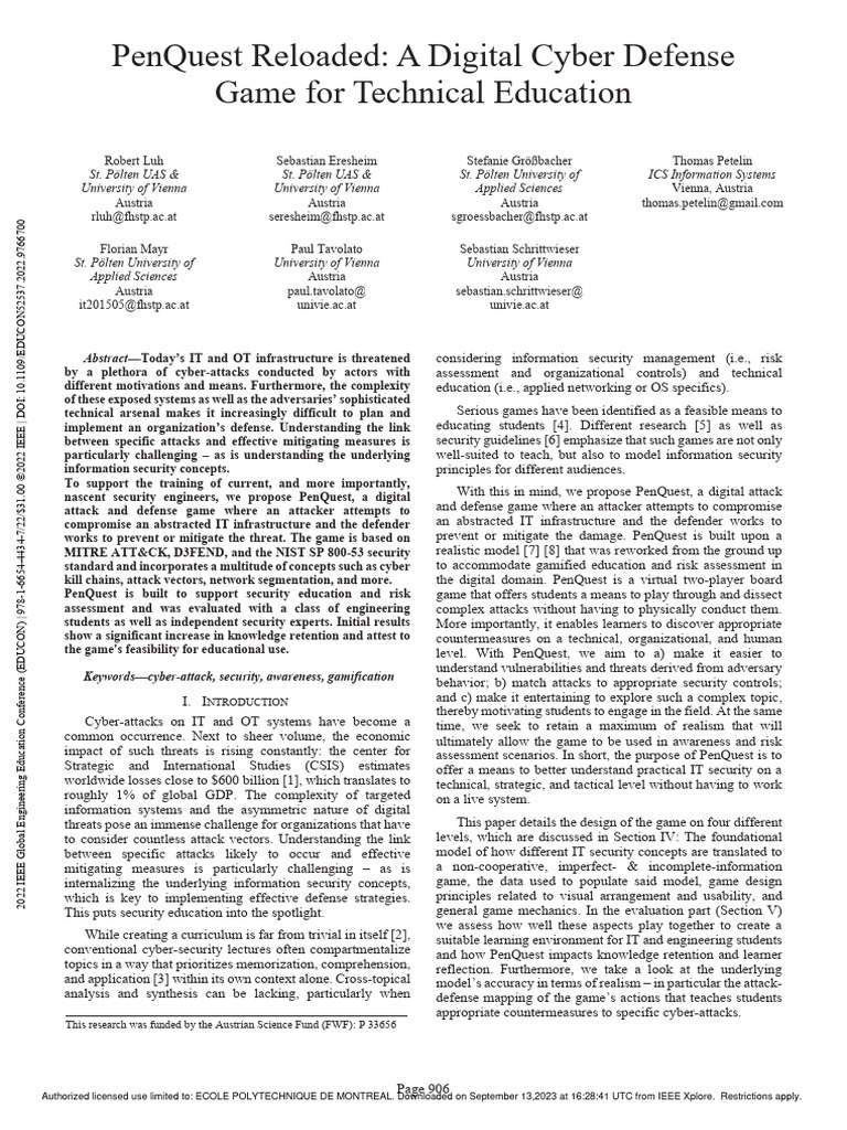 PenQuest Reloaded A Digital Cyber Defense Game For Technical Education | PDF