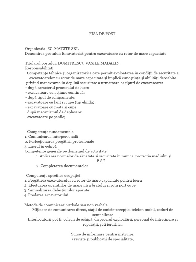 Fisa de Post Excavatorist | PDF