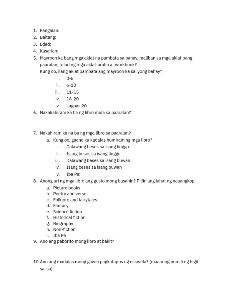 (FILIPINO) Baseline Survey - Student's Reading Interest | PDF