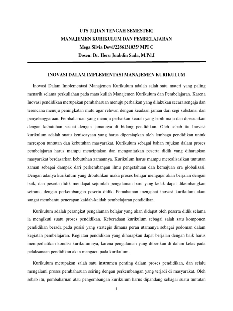 UTS Manajemen Kurikulum Mega Silvia | PDF | Karier & Perkembangan