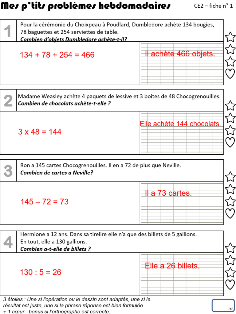 problèmes hebdomadaires HP - CE2 - corrigé | PDF