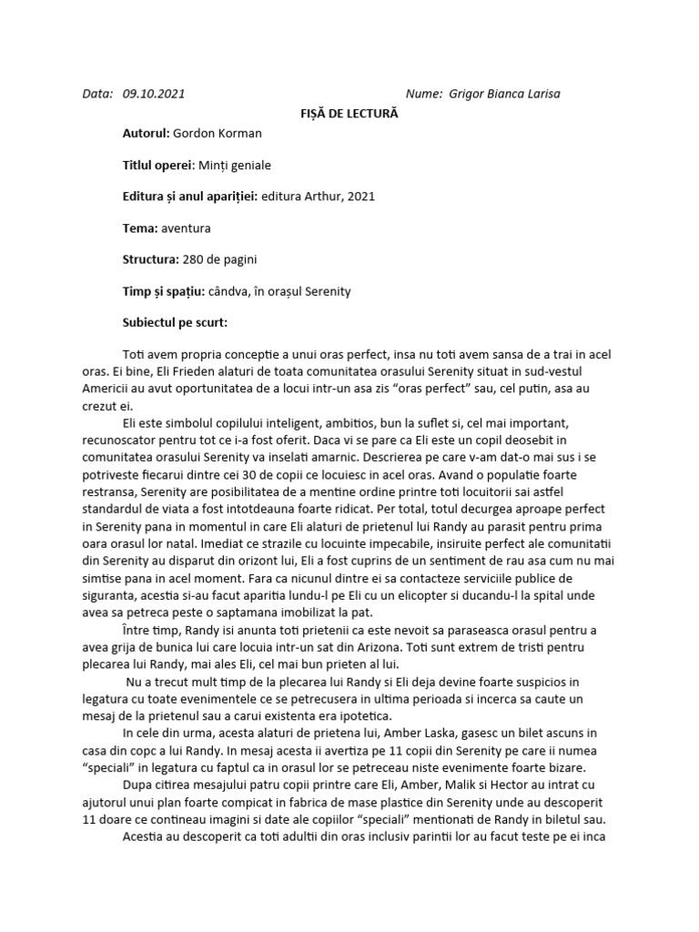 Fișă de Lectură - Minti Geniale | PDF