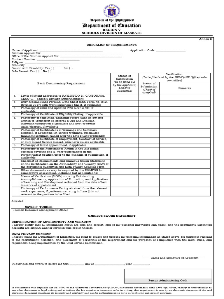 Annex C-Checklist of Requirements of Applicants | PDF