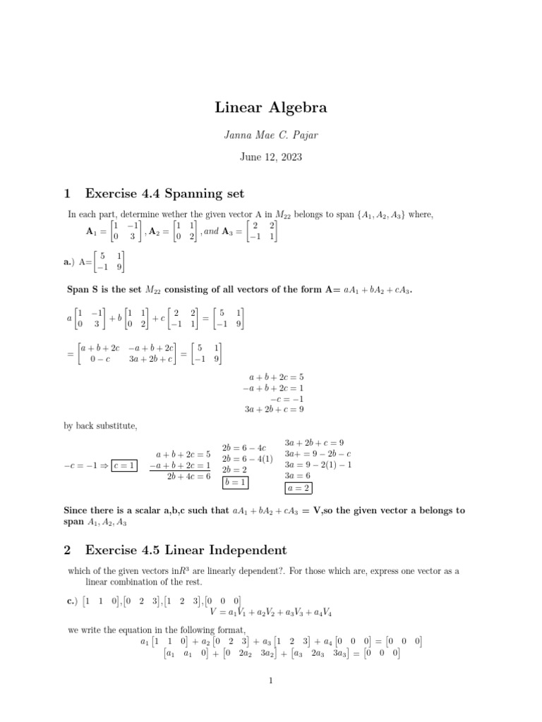 Pajar, Janna Mae C. | PDF | System Of Linear Equations | Basis (Linear Algebra)