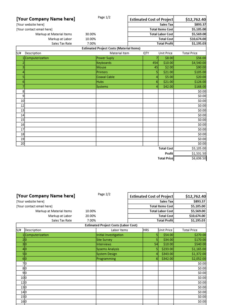 Project Estimate Spreadsheet | PDF