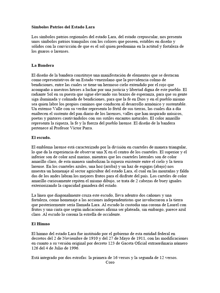 Símbolos Patrios Del Estado Lara | PDF