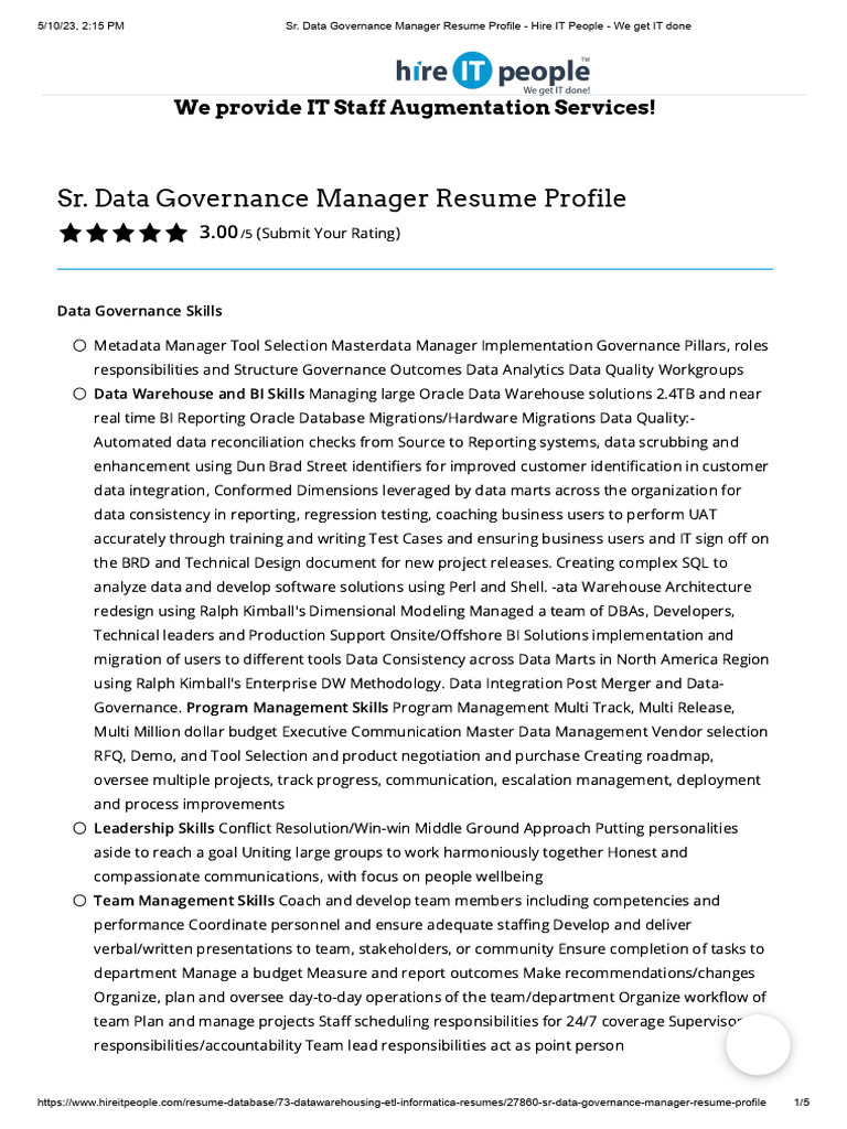 Sr. Data Governance Manager Resume Profile - Hire IT People - We Get IT ...