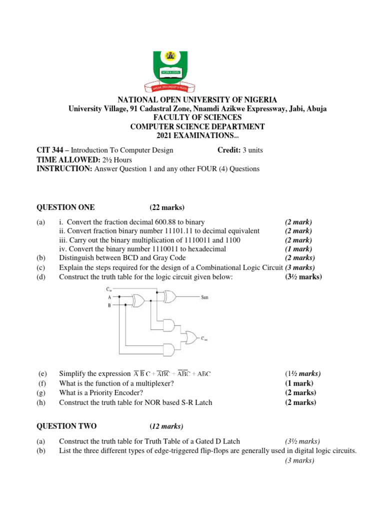 CIT 344: Computer Design Exam Questions | PDF