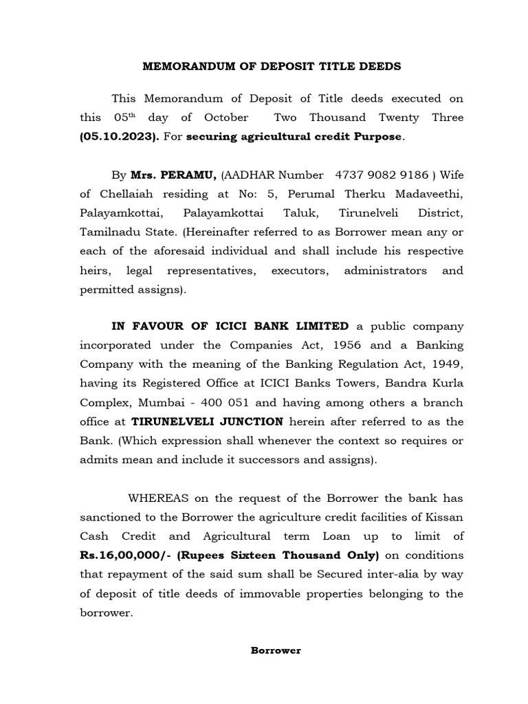 Memorandum of Deposit Title Deeds: Borrower | PDF | Mortgage Law ...