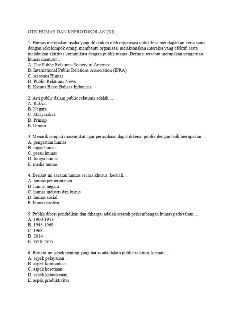 Latihan Soal Pts Ganjil Xi Otk Humas Dan Keprotokolan 2223 | PDF