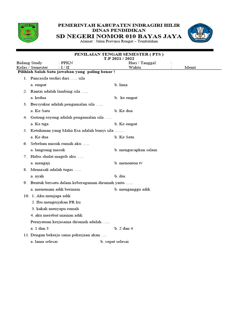 Soal PTS PKN Kelas 1 Semester 2 | PDF