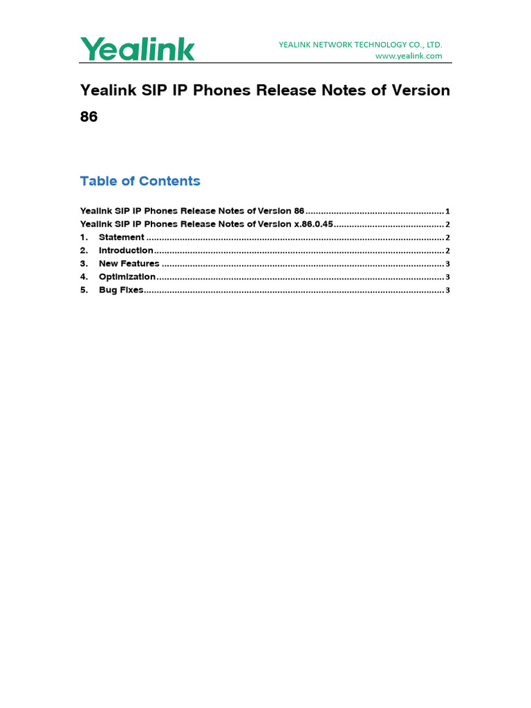 Yealink SIP Phones Release Notes of Version V86 | PDF | Session ...