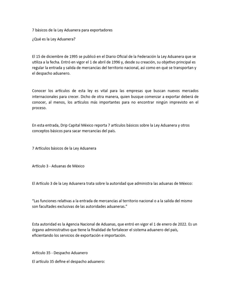 La Ley Aduanera Para Exportadores Pdf Aduana Gobierno