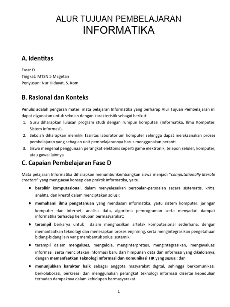 Alur Tujuan Pembelajaran Informatika | PDF