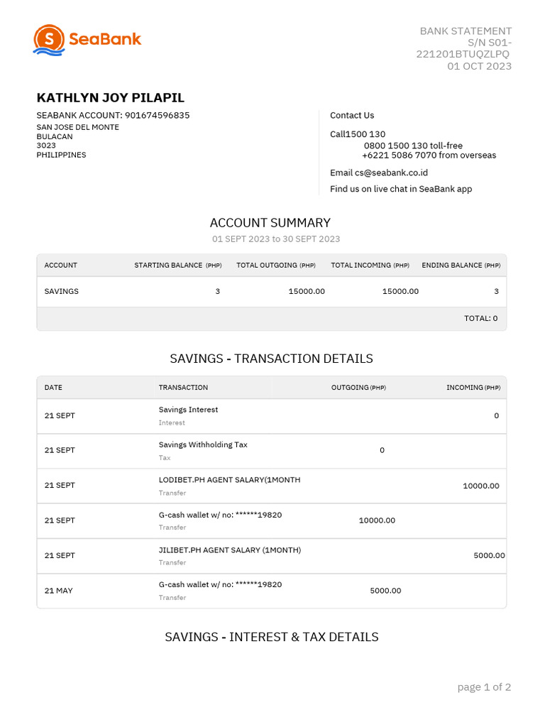 SeaBank Savings Account Statement | PDF | Banks | Government Finances