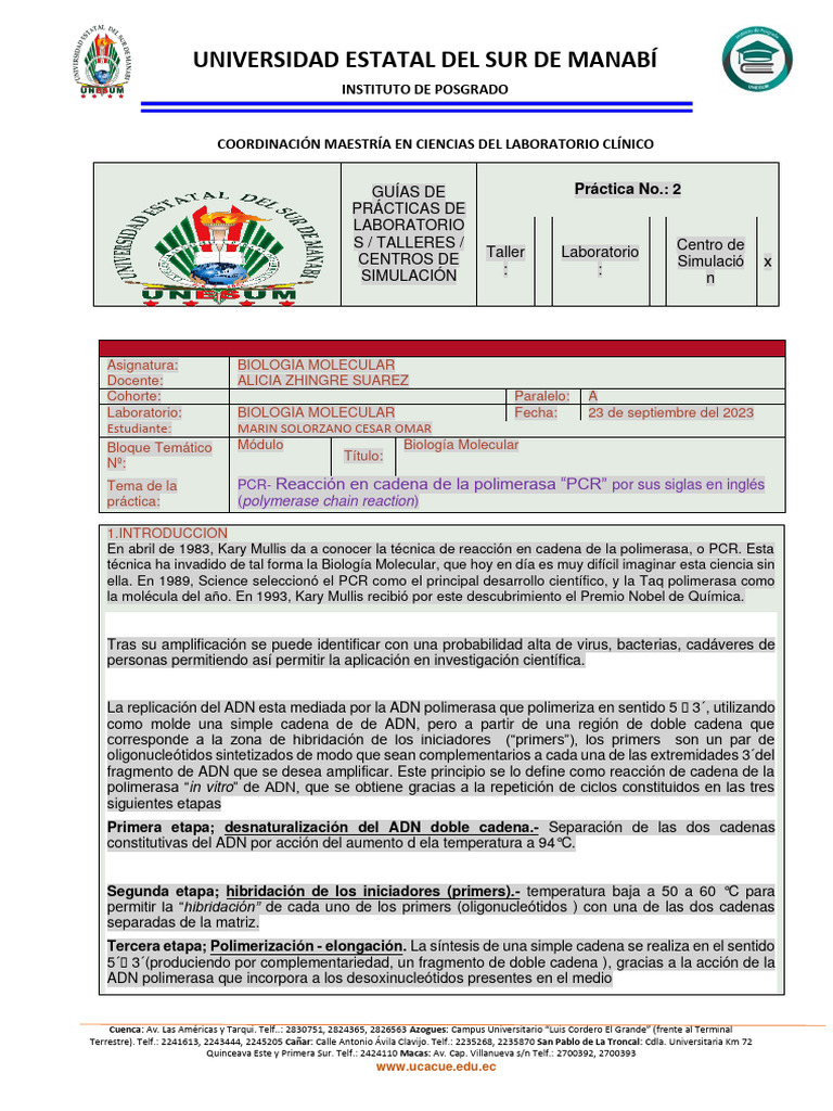 GUÍA PRÁCTICA N°2. PCR (2) Marin - Cesar | PDF | Reacción en cadena de la polimerasa | Primer ...