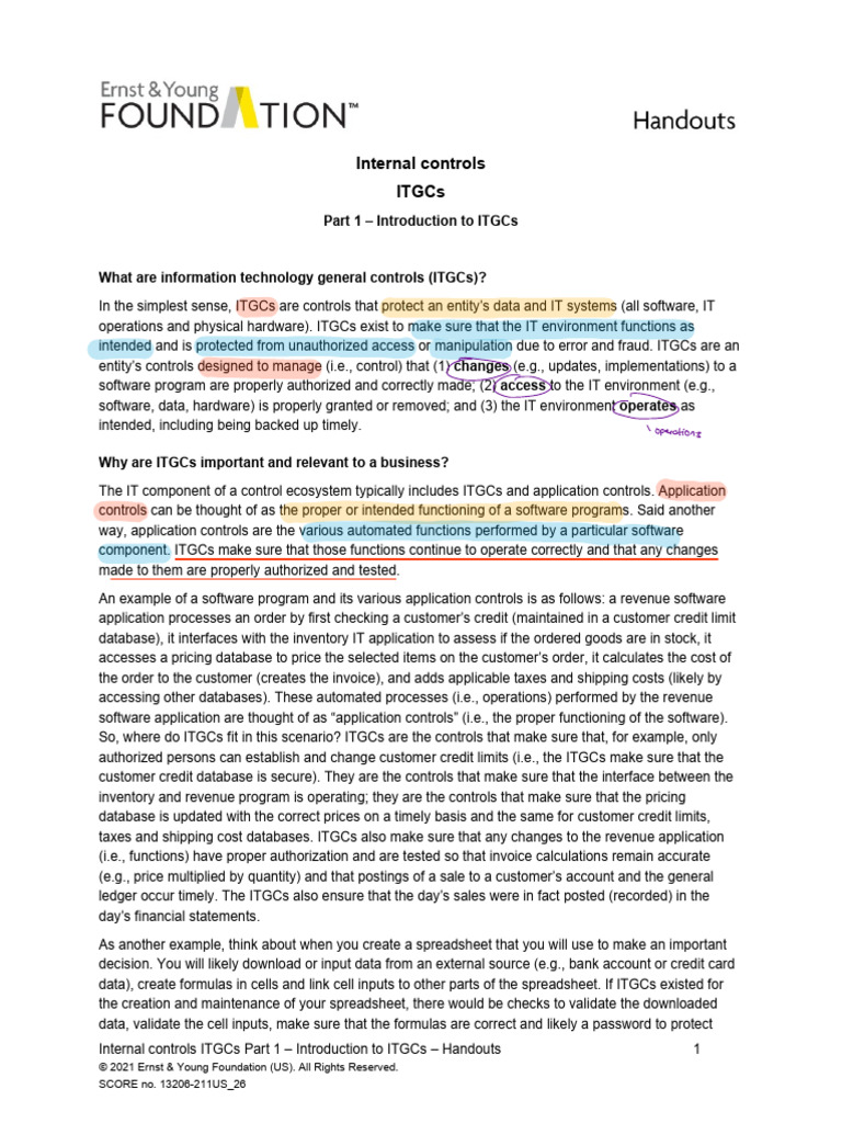 Internal Controls ITGCs Part 1 Introduction to ITGCs Handout | PDF | Databases | Spreadsheet