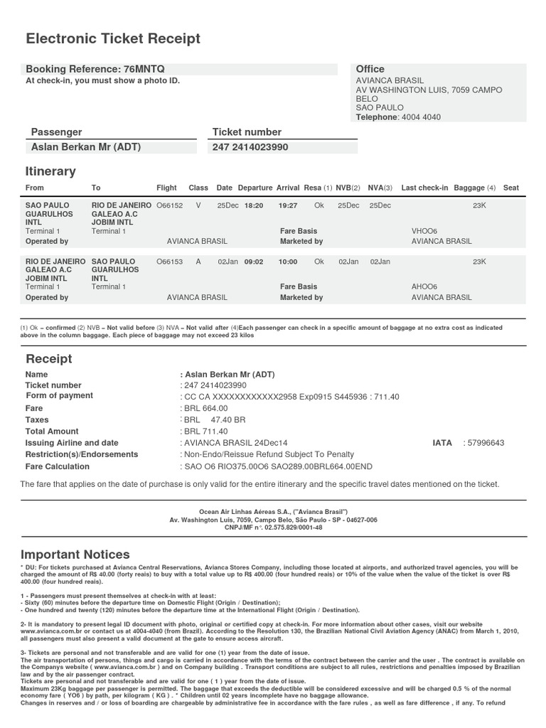 Electronic Ticket Receipt | PDF