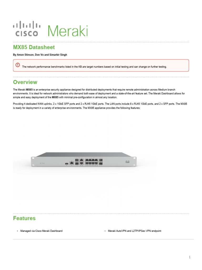 Cisco Meraki MX85 Datasheet | PDF | Virtual Private Network | Network Protocols