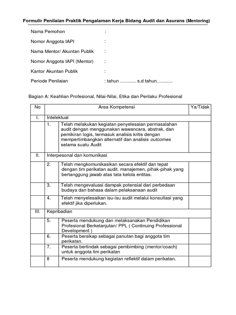 Formulir Penilaian Praktik Pengalaman Kerja Bidang Audit Dan Asurans ... Formulir Penilaian Praktik Pengalaman Kerja Bidang Audit Dan Asurans ...