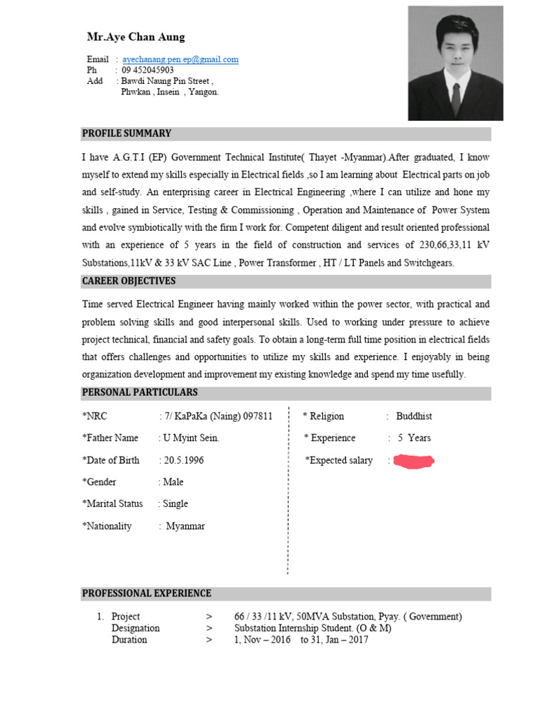 Electrical Engineer ( QA , QC ) Aye Chan Aung | PDF | Electrical ...