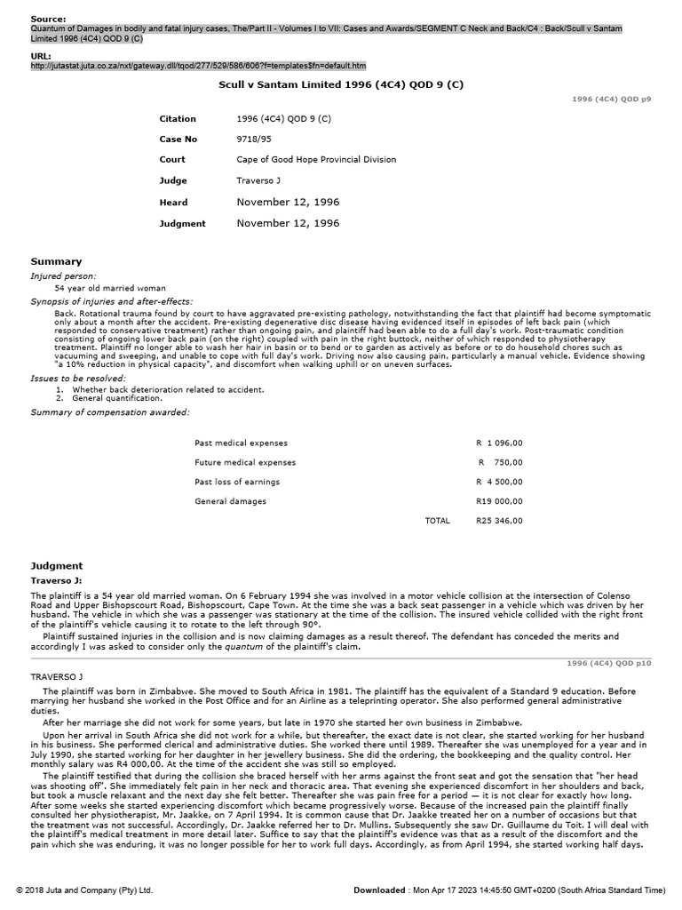 Scull v Santam: Back Injury Damages | PDF