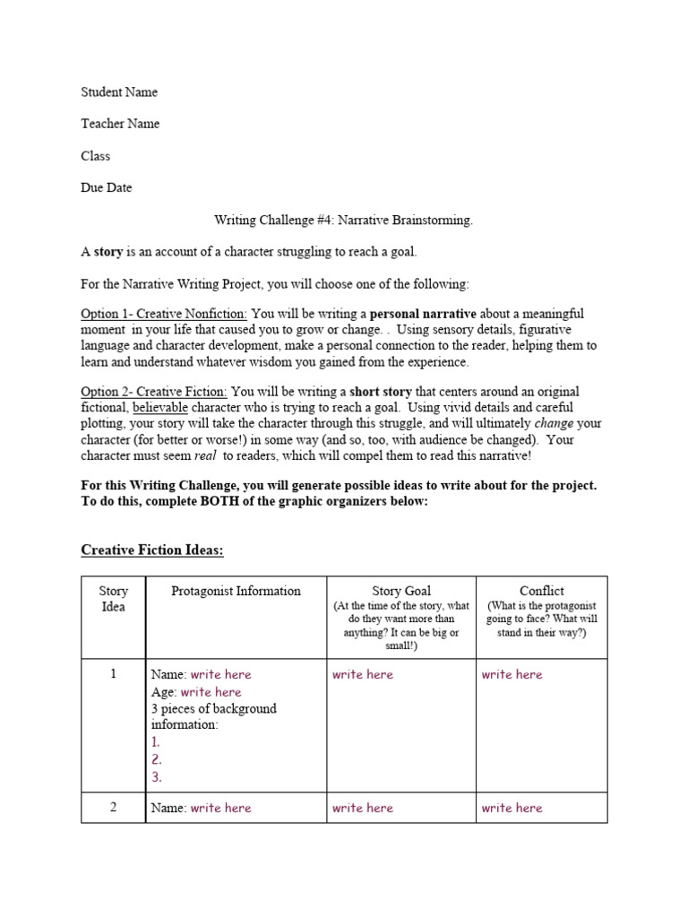 Writing Challenge 4: Brainstorm | PDF | Narrative