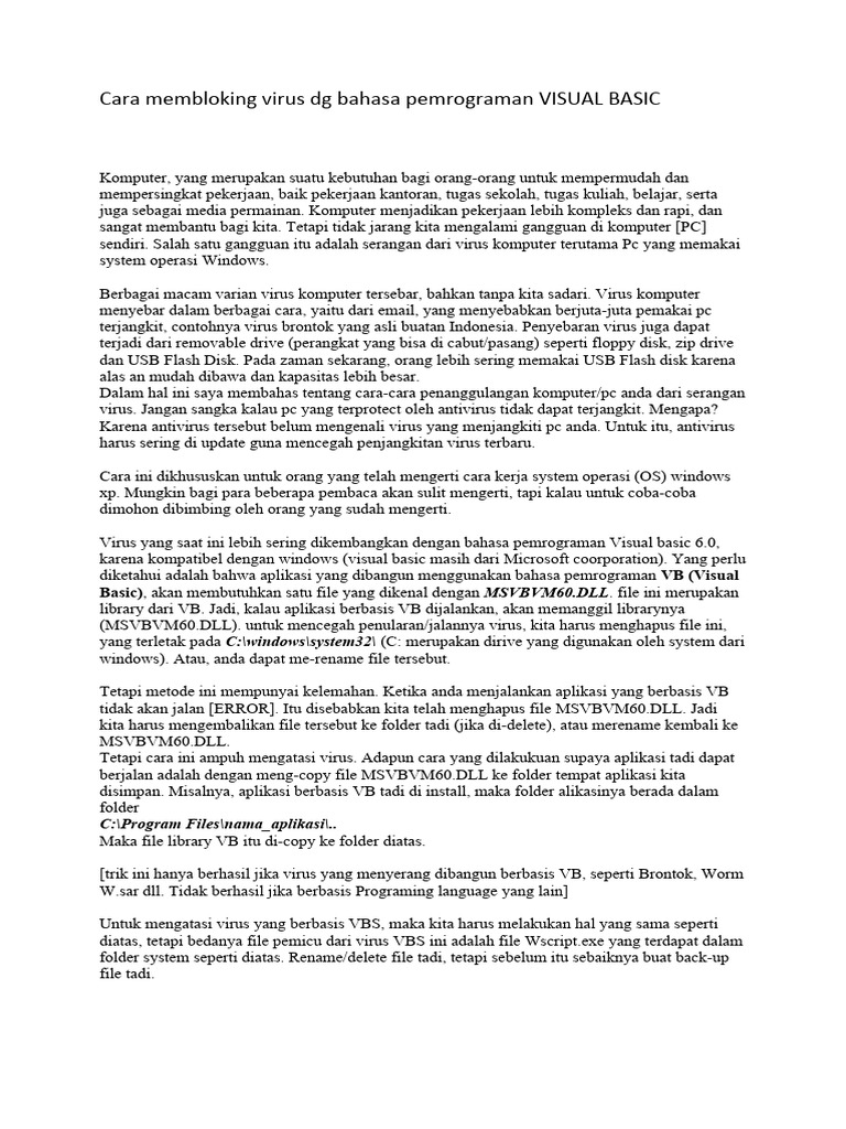 Cara Membloking Virus DG Bahasa Pemrograman VISUAL BASIC | PDF
